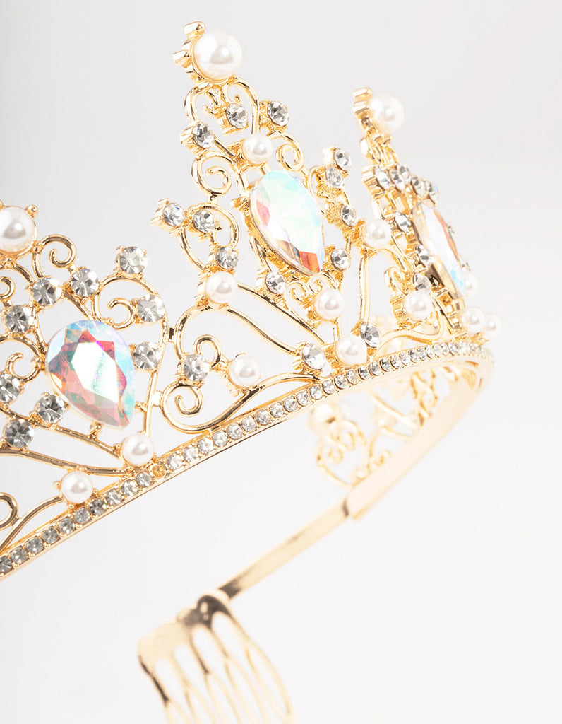 Gold Pear Shaped Stones & Pearls Tiara - Lovisa