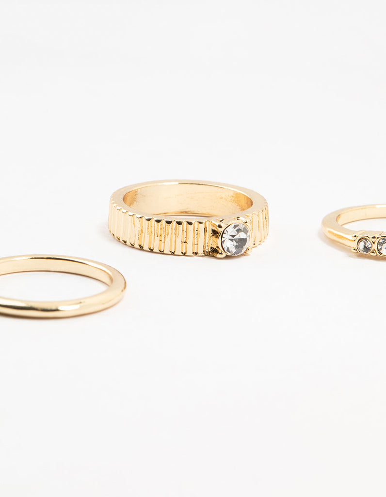 Gold Plated Ribbed & Diamante Rings 4-Pack - Lovisa