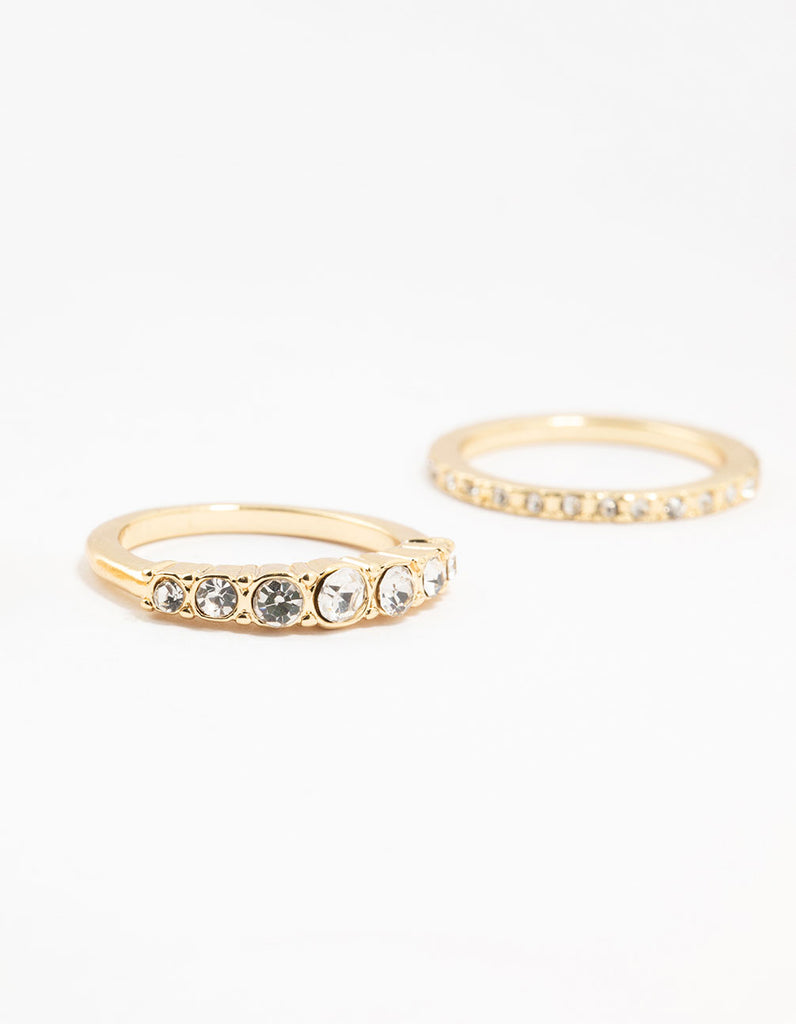 Gold Plated Ribbed & Diamante Rings 4-Pack - Lovisa