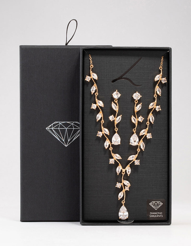 Gold Creeping Crystal Roses Necklace & Earrings Set - Lovisa