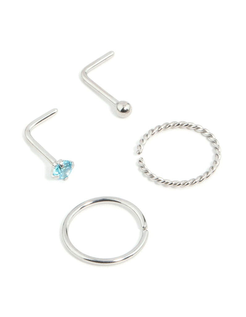 Surgical Steel Twisted Nose Rings & Cubic Zirconia Nose Stud 4-Pack ...