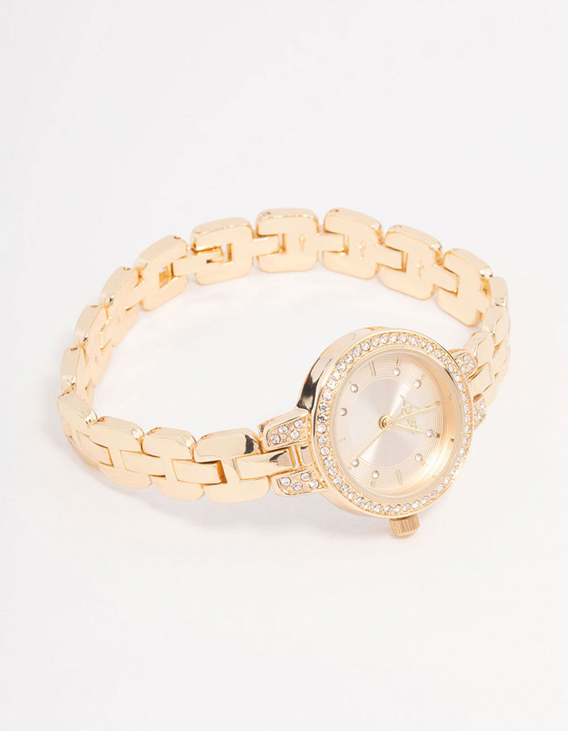 Small Gold Diamante Round Strap Watch - Lovisa
