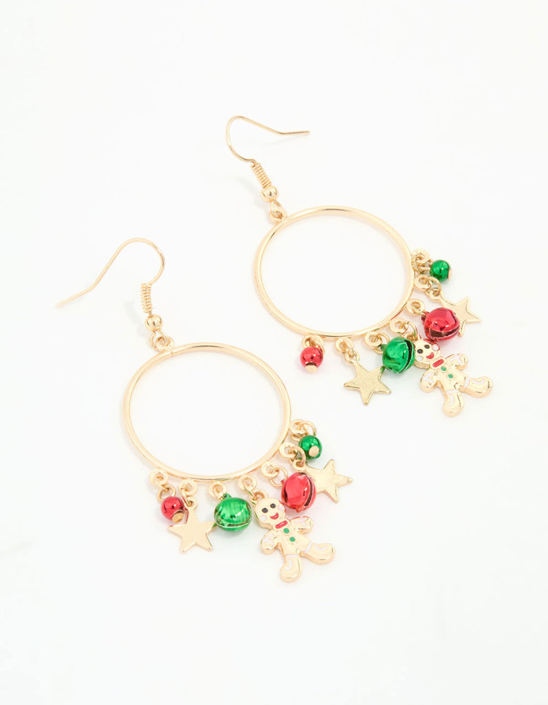 Gold Gingerbread Man & Bells Hoop Drop Earrings - Lovisa