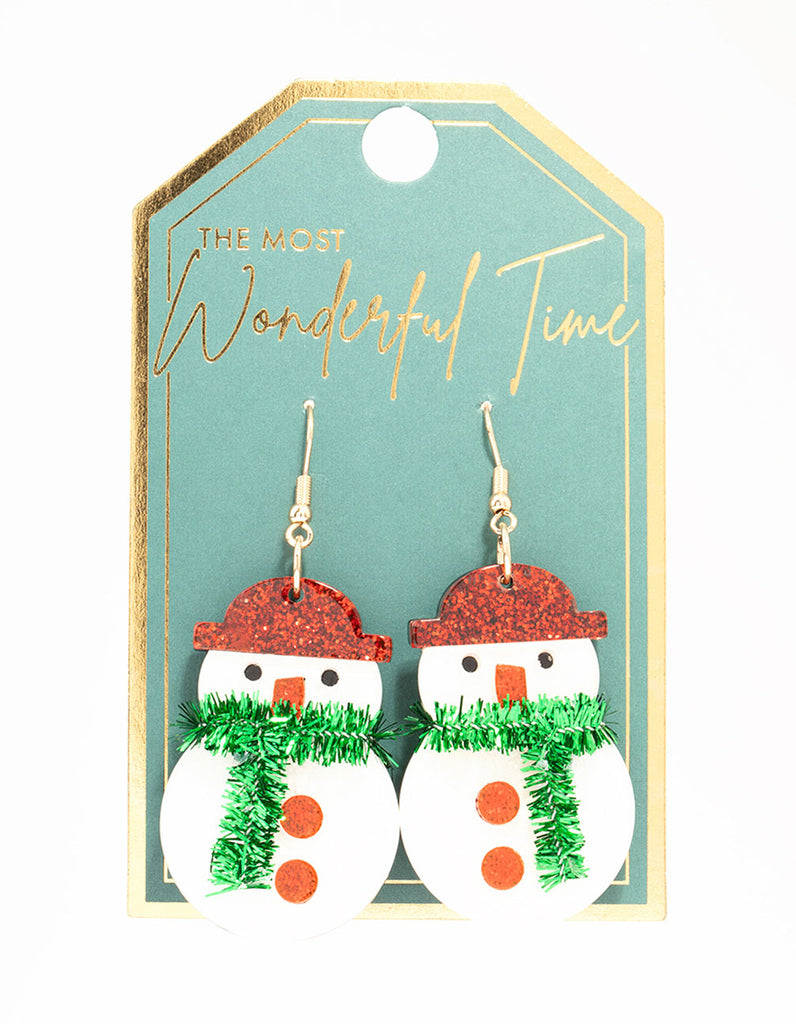 Snowman With Green Tinsel Scarf Acrylic Drop Earrings - Lovisa