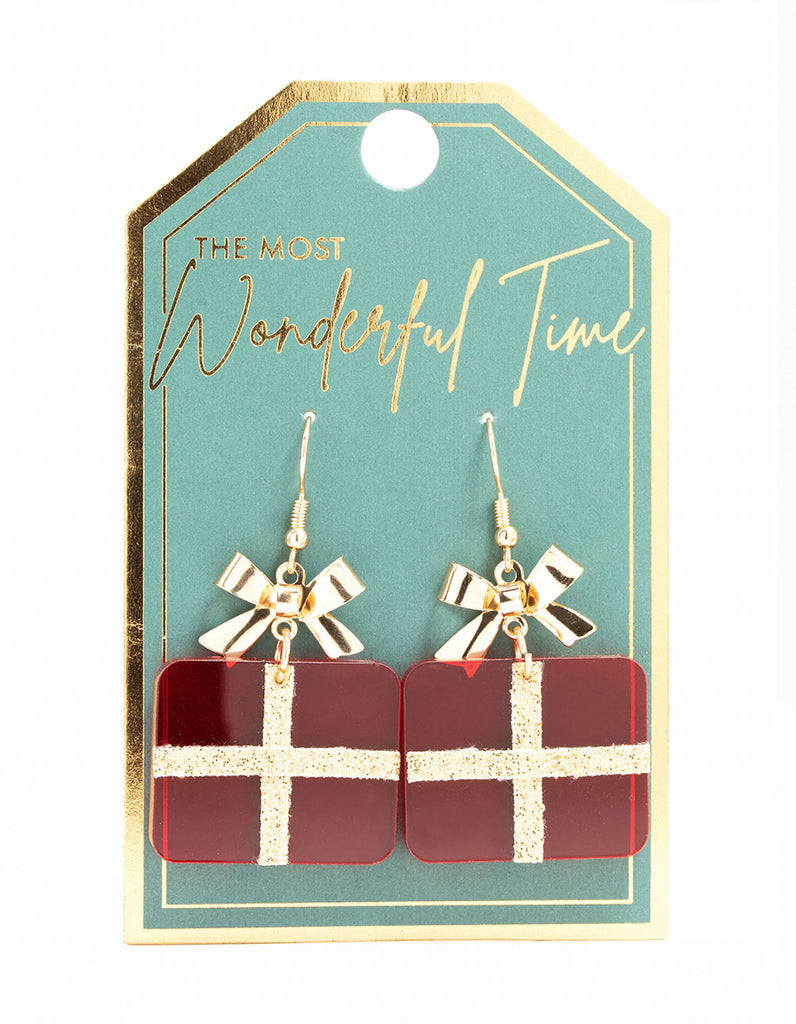 Gold & Red Acrylic Present Drop Earrings - Lovisa