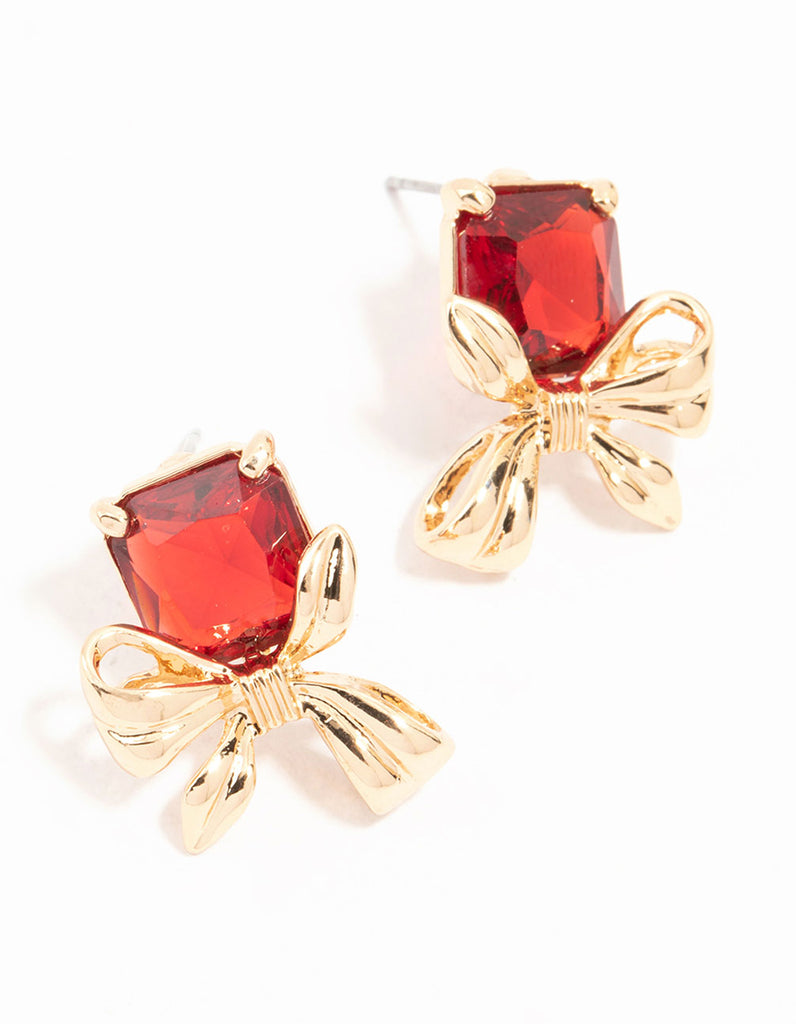 Red Stone & Gold Bow Stud Earrings - Lovisa