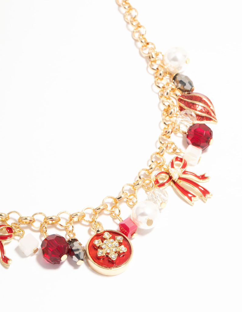 Red Bow & Beads Gold Charm Necklace - Lovisa