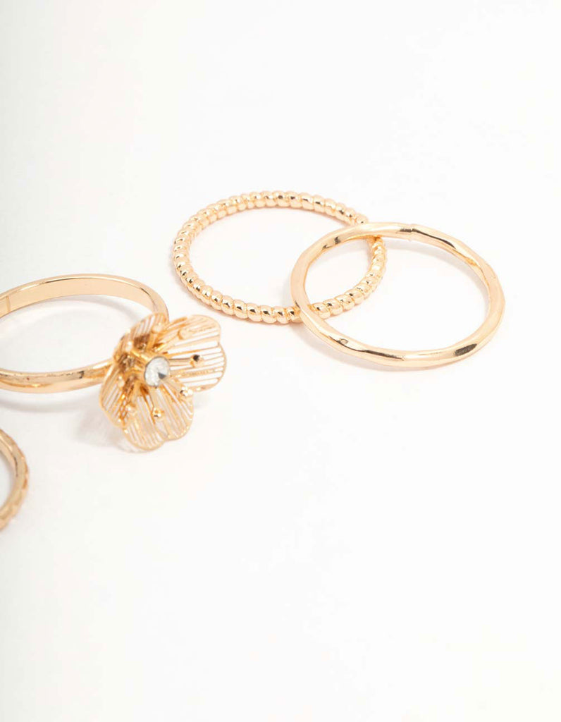 Gold Diamante Wire Flower Rings 3-Pack - Lovisa