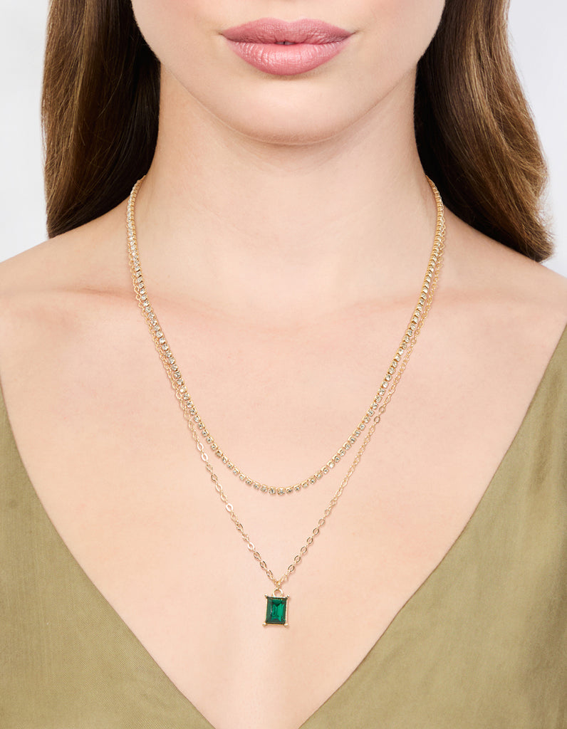 Gold & Green Diamante Layered Chain Necklace - Lovisa