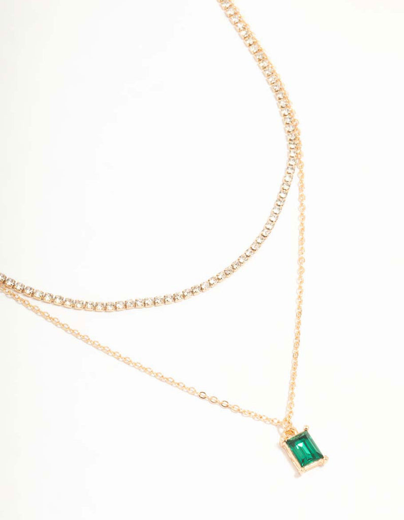 Gold & Green Diamante Layered Chain Necklace - Lovisa