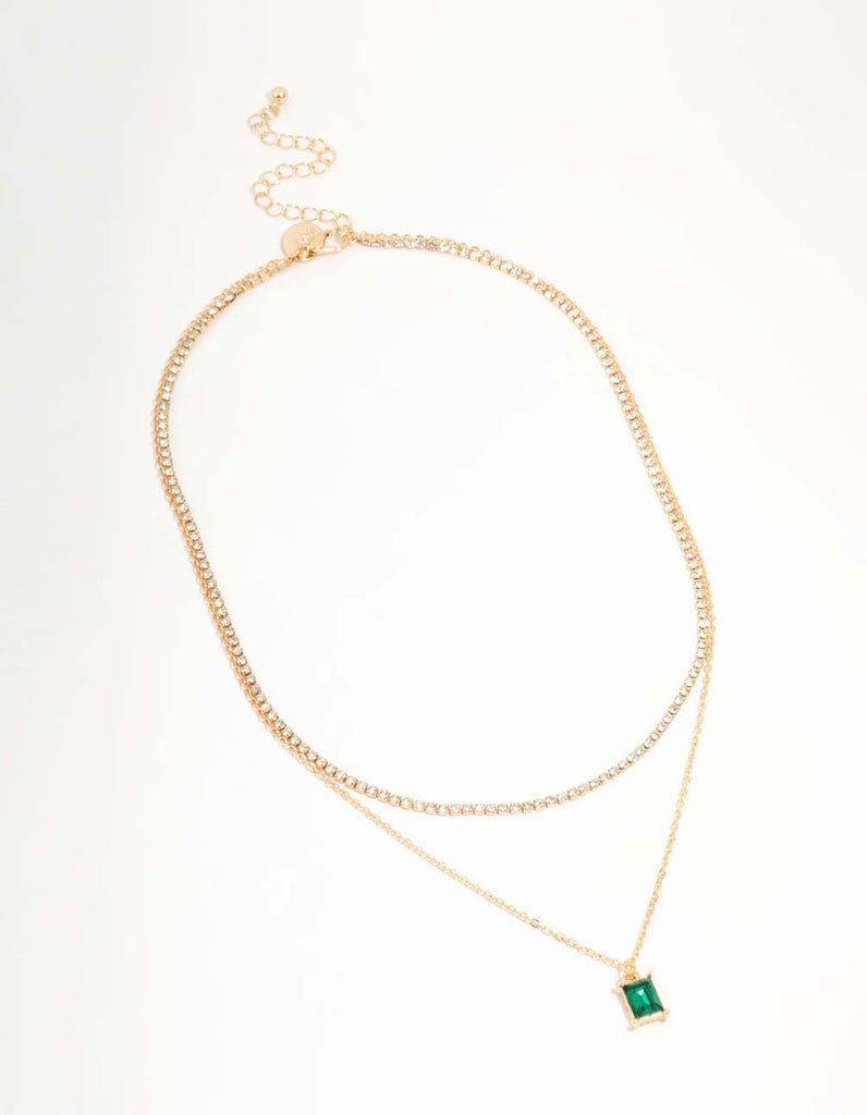 Gold & Green Diamante Layered Chain Necklace - Lovisa