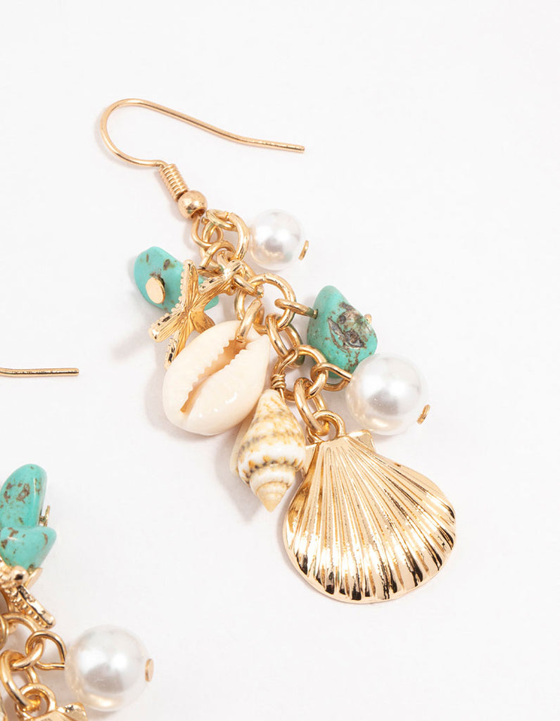 Gold Shell, Pearl & Blue Stone Drop Earrings - Lovisa