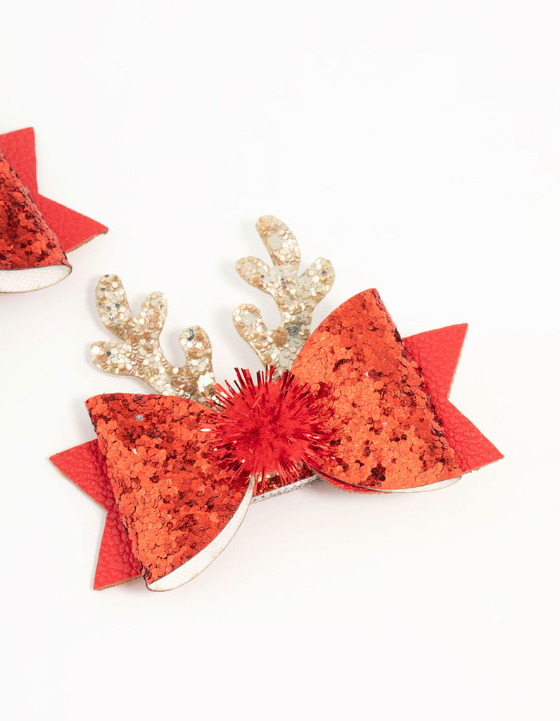 Kids Red Fabric Bow & Reindeer Clips 2-Pack - Lovisa