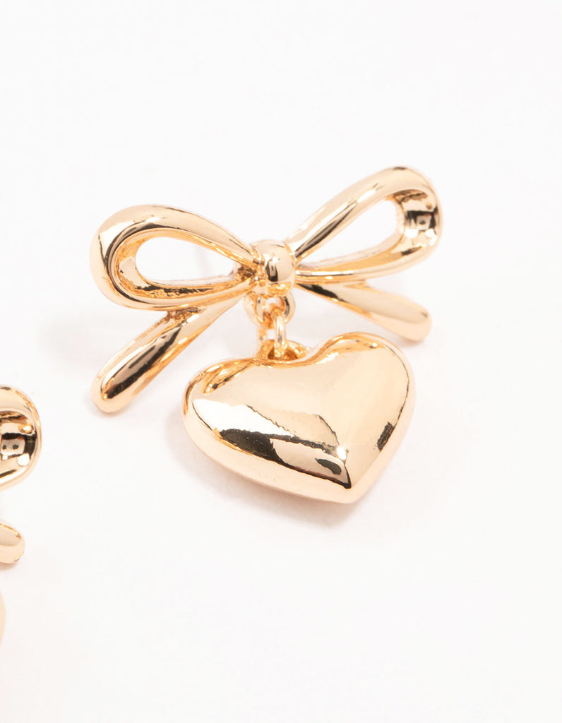 Gold Bow & Puffy Heart Drop Earrings - Lovisa