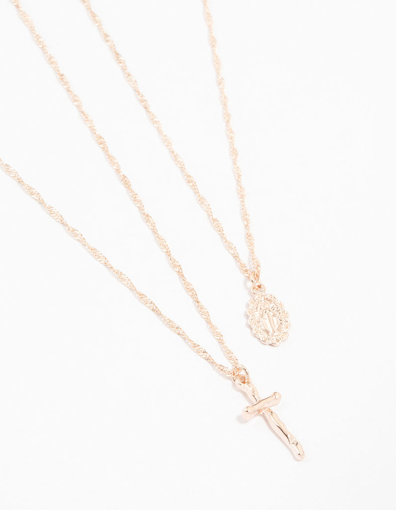 Rose Gold Plated Mary Hammered Cross Necklaces 2-Pack - Lovisa