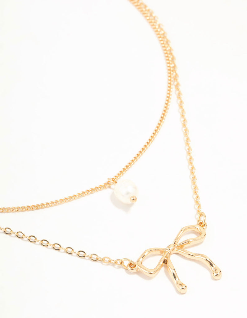 Gold Pearl & Bow Layered Necklace - Lovisa