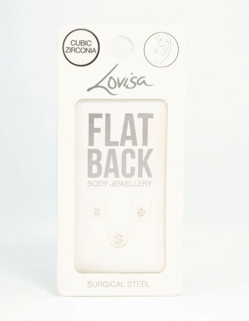 Gold Plated Surgical Steel Classic Cubic Zirconia Threadless Flat Back ...