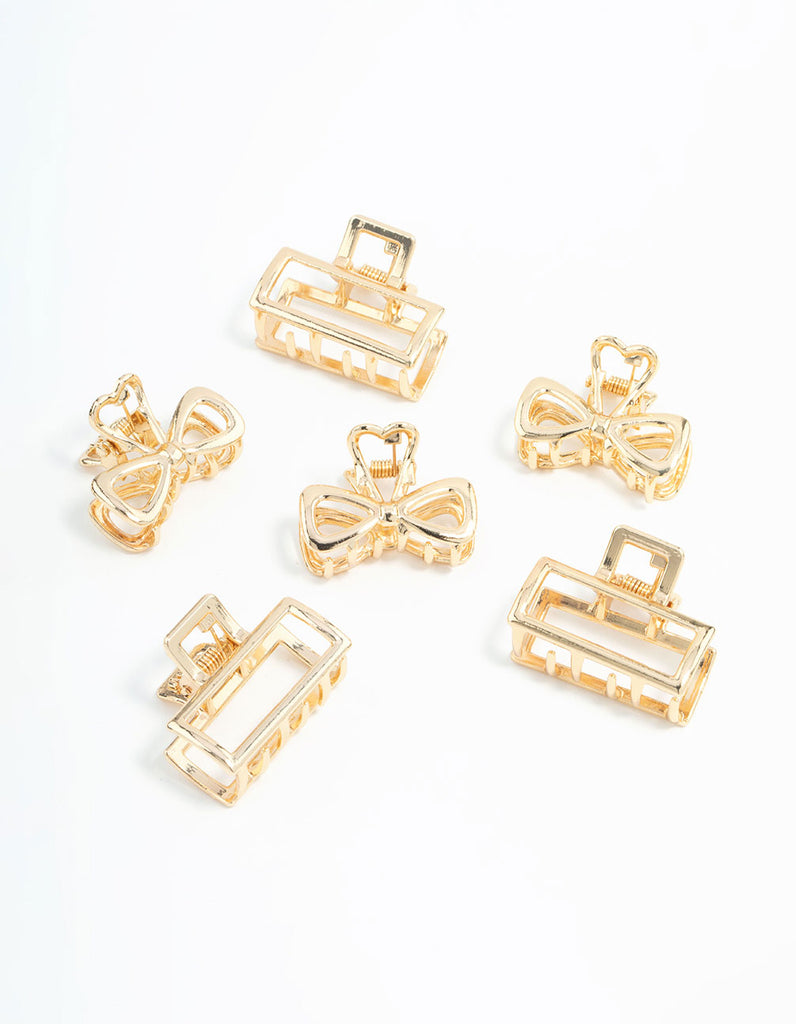 Gold Open Rectangle & Bow Claw Clips 6-Pack - Lovisa