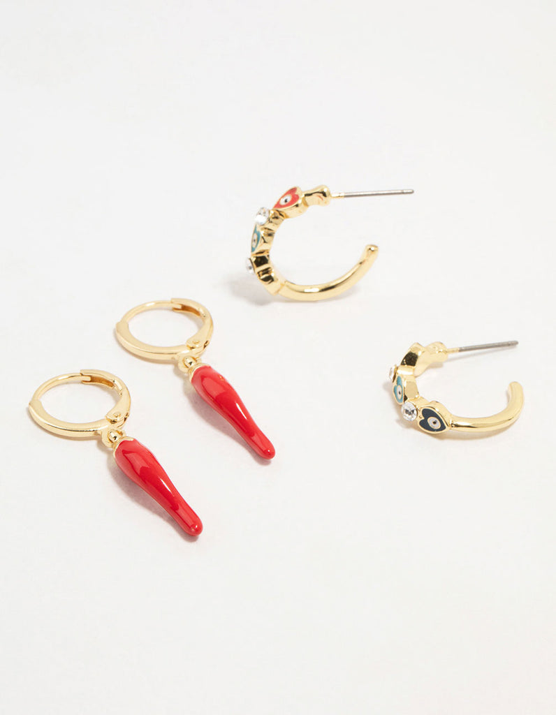Gold Plated Evil Eye & Chilli Hoop Earrings 2-Pack - Lovisa