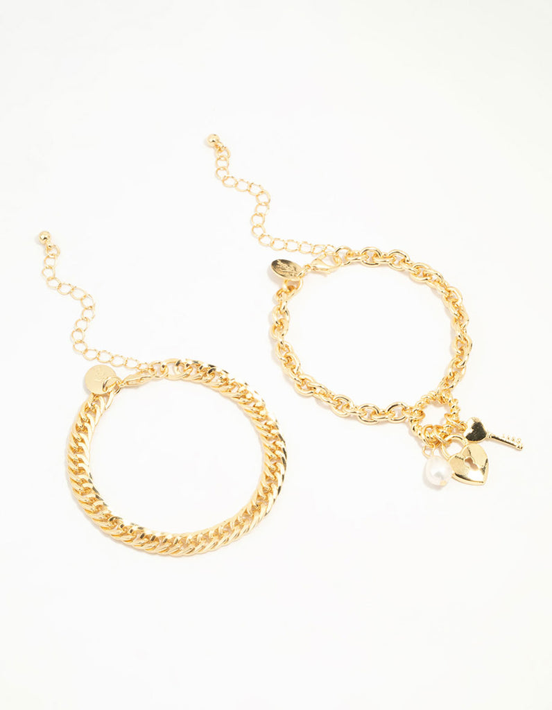 Gold Plated Chain & Lock Charm Bracelets 2-Pack - Lovisa
