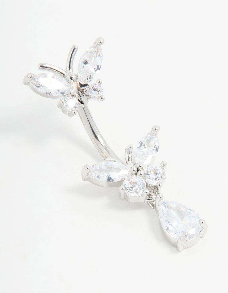 Surgical Steel Cubic Zircornia Double Butterfly Drop Belly Bar - Lovisa