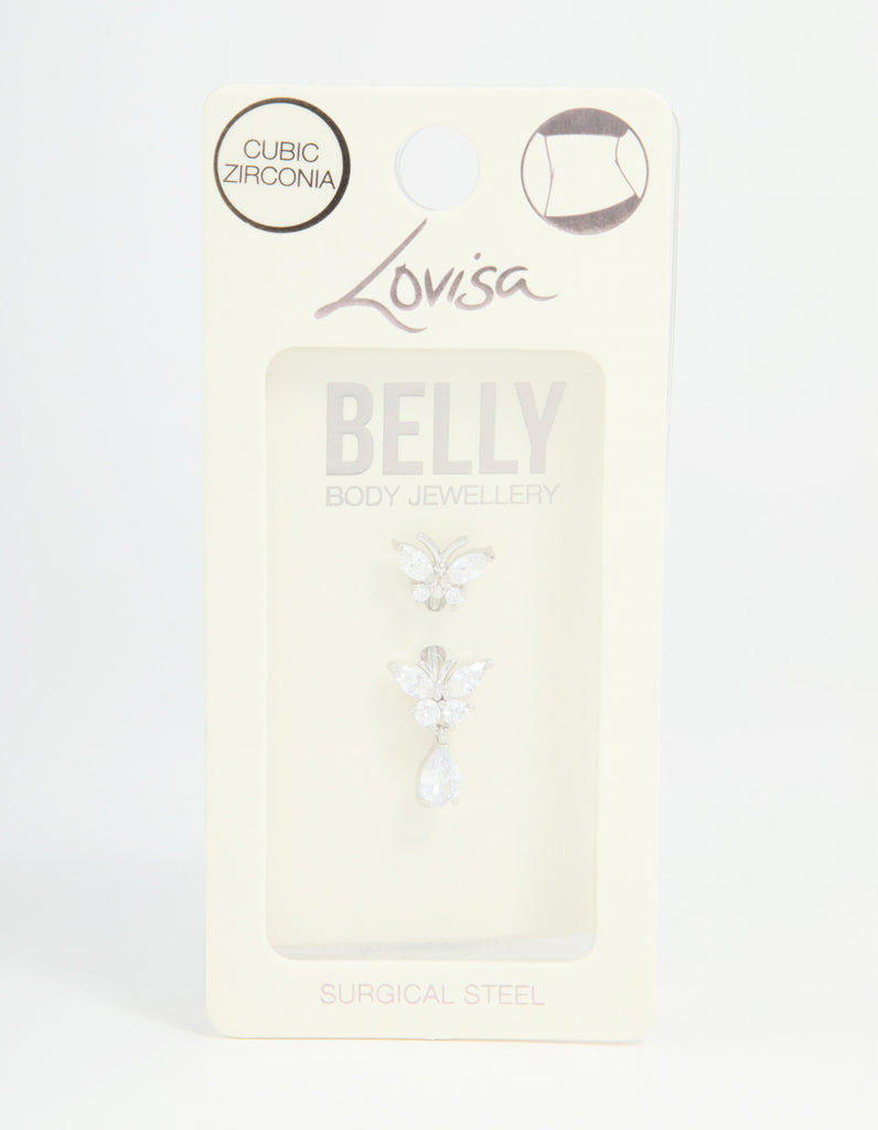 Surgical Steel Cubic Zircornia Double Butterfly Drop Belly Bar - Lovisa