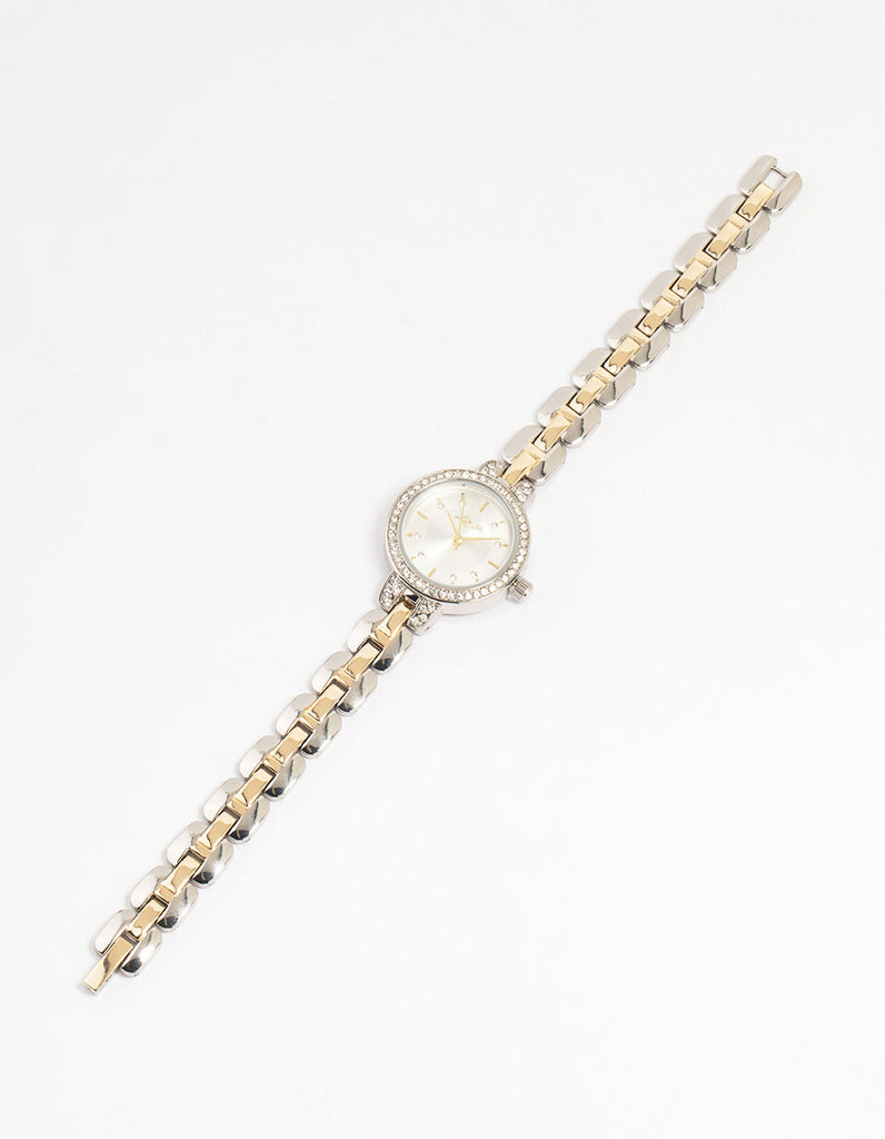 Mixed Metals Diamante Small Round Watch - Lovisa