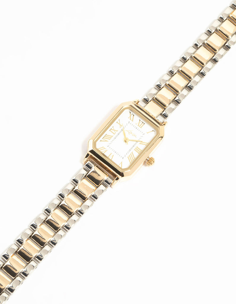 Mixed Metals Rectangle Roman Numeral Watch - Lovisa
