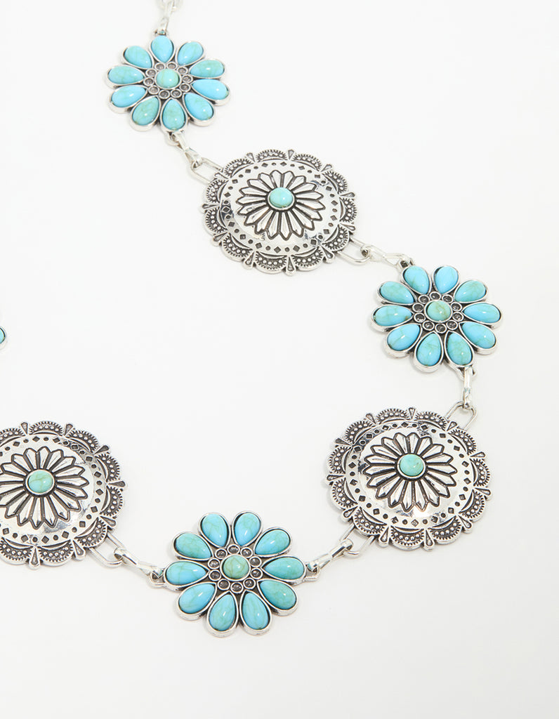 Silver & Turquoise Stone Boho Flower Ornate Belt - Lovisa