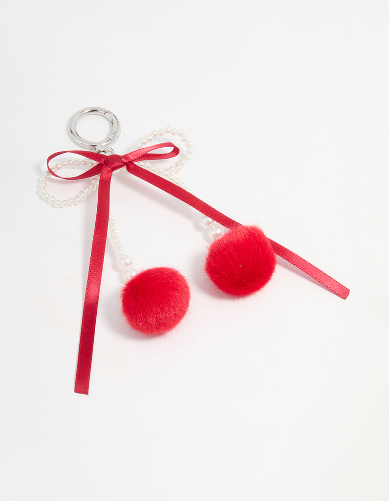 Pearl Beaded Bow & Red Pom Pom Keychain - Lovisa