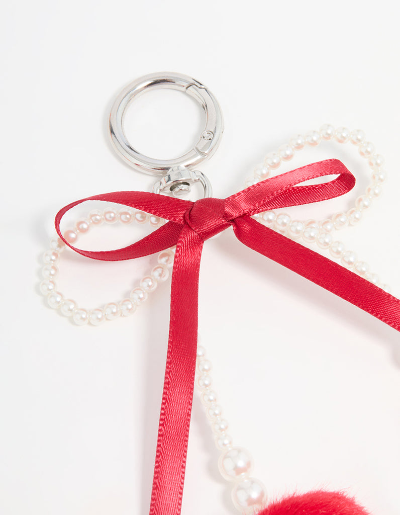 Pearl Beaded Bow & Red Pom Pom Keychain - Lovisa