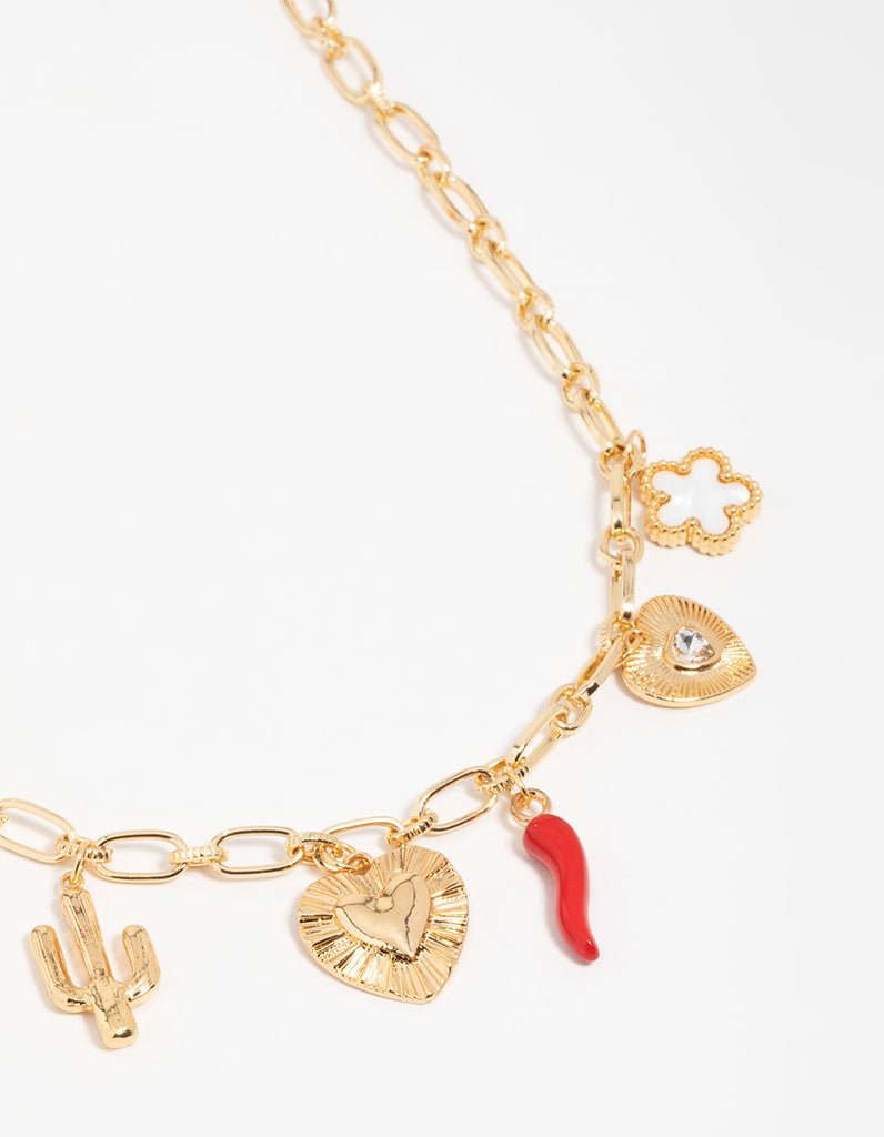 Gold Plated Chilli & Cactus Charm Pendant Necklace - Lovisa
