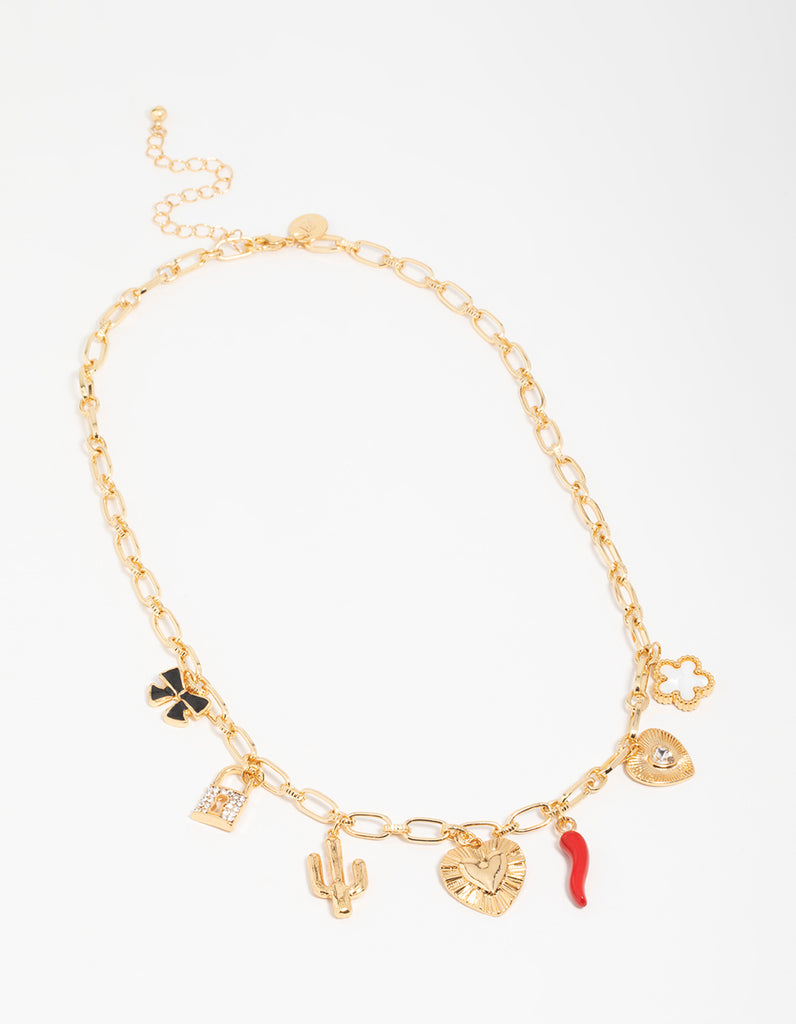Gold Plated Chilli & Cactus Charm Pendant Necklace - Lovisa