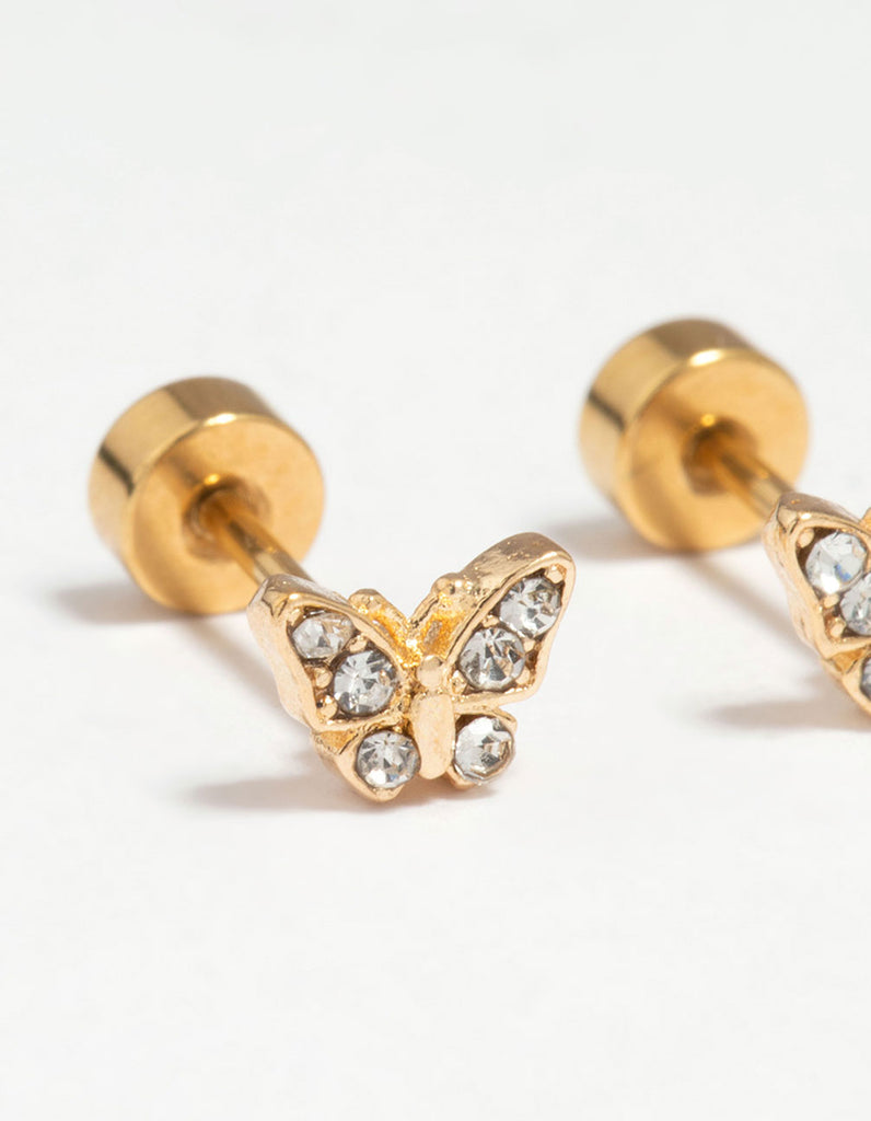 Kids Gold Plated Surgical Steel Diamante Butterfly Flat Back Earrings ...