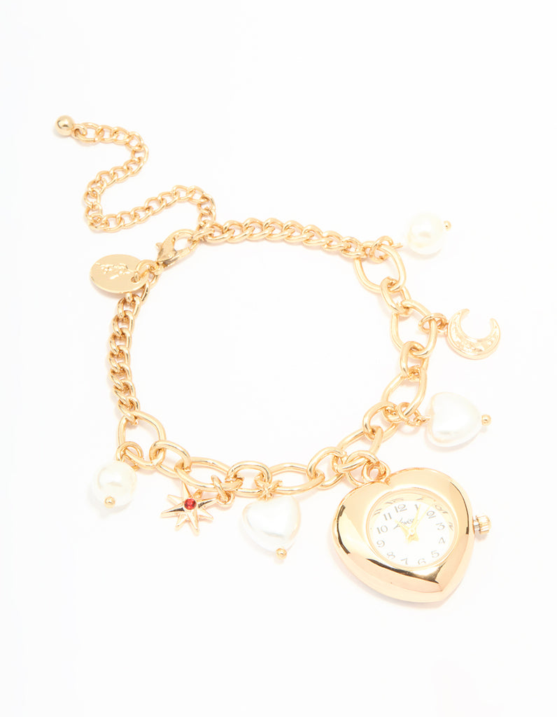 Gold Pearl Heart Charm Watch Bracelet - Lovisa