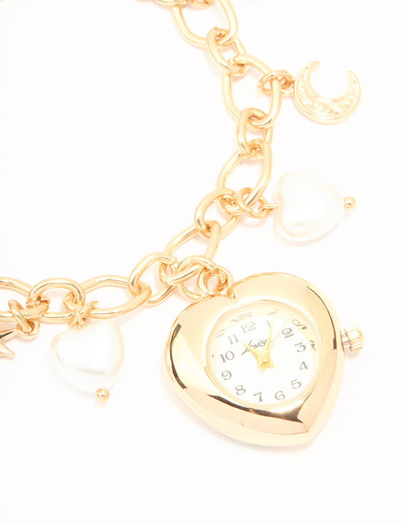 Gold Pearl Heart Charm Watch Bracelet - Lovisa