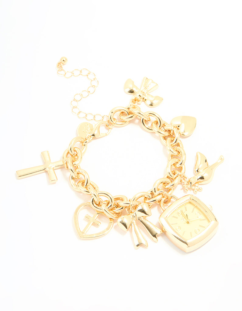 Gold Watch & Cross Charm Bracelet - Lovisa