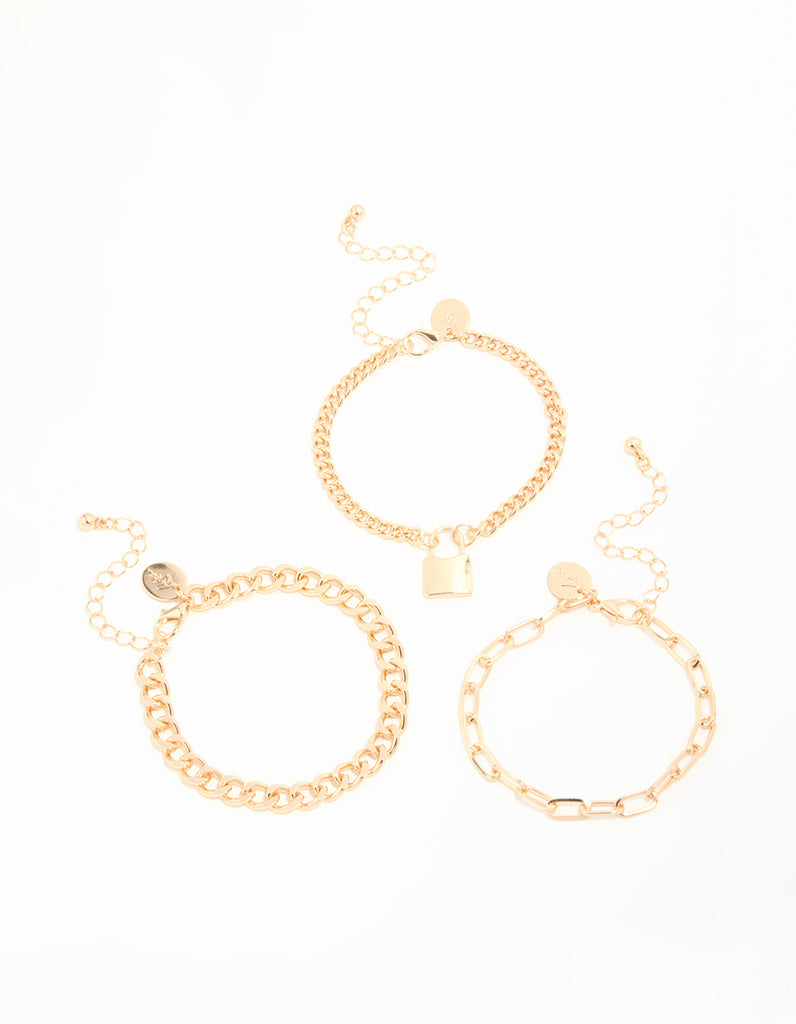 Gold Mixed Chain & Lock Bracelet 3-Pack - Lovisa