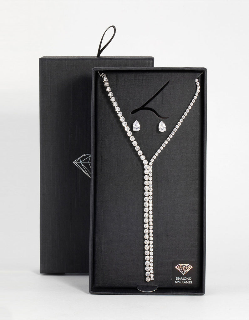Silver Cubic Zirconia Chain Y-Necklace & Earrings Set - Lovisa