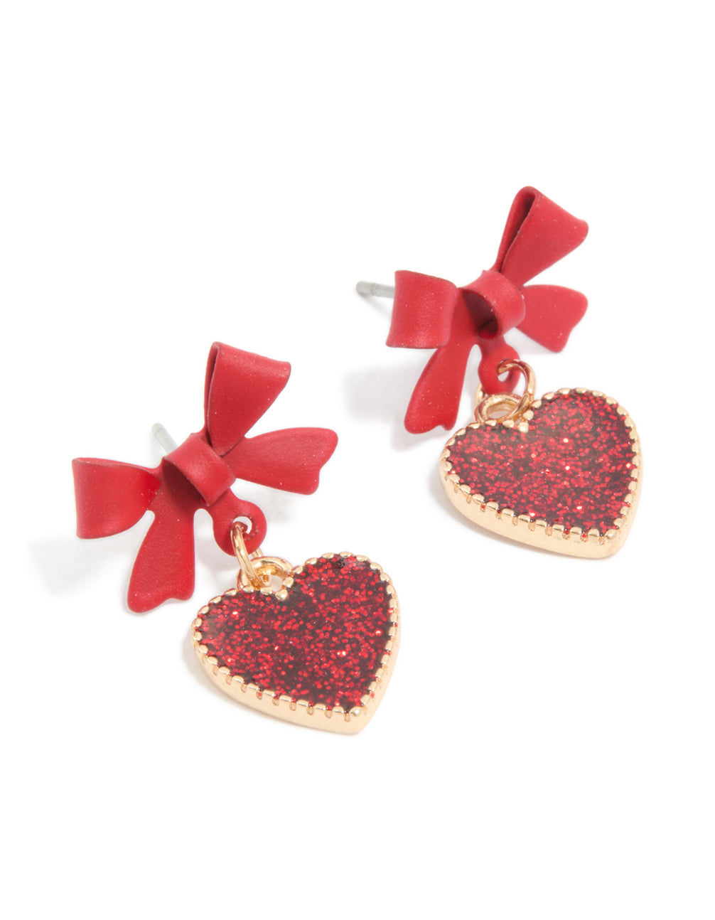 Gold Red Coated Metal Bow Drop Heart Stud Earrings - Lovisa