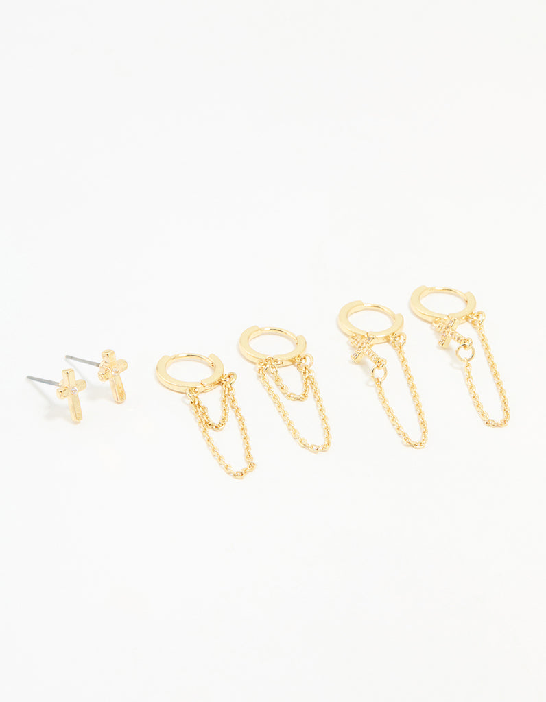 Gold Cubic Zirconia Loop Chain Cross Earrings 3-Pack - Lovisa