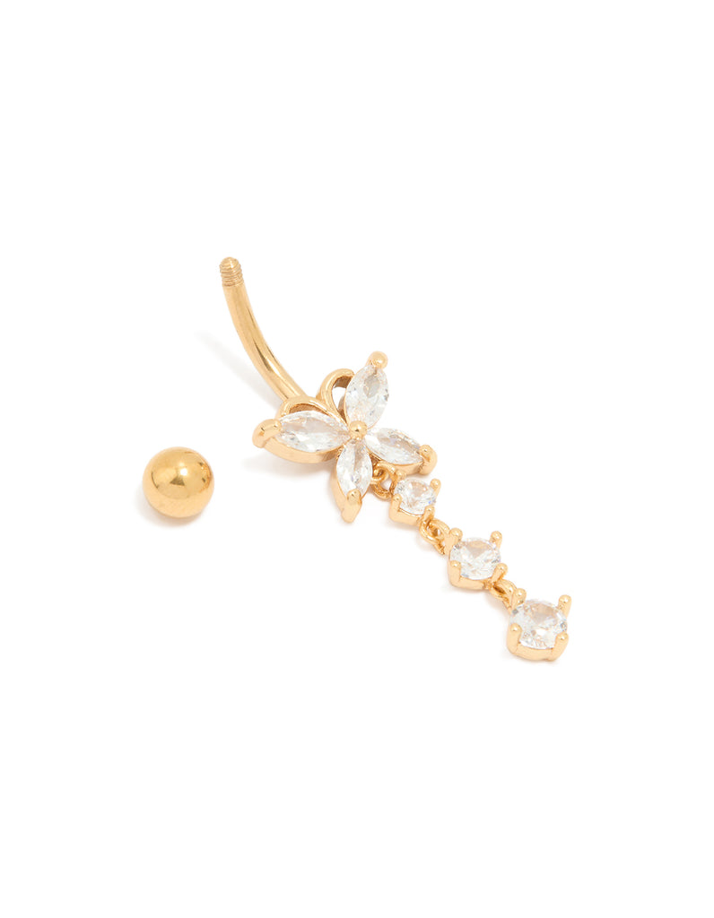 Gold Plated Titanium Cubic Zirconia Butterfly Drop Belly Bar - Lovisa