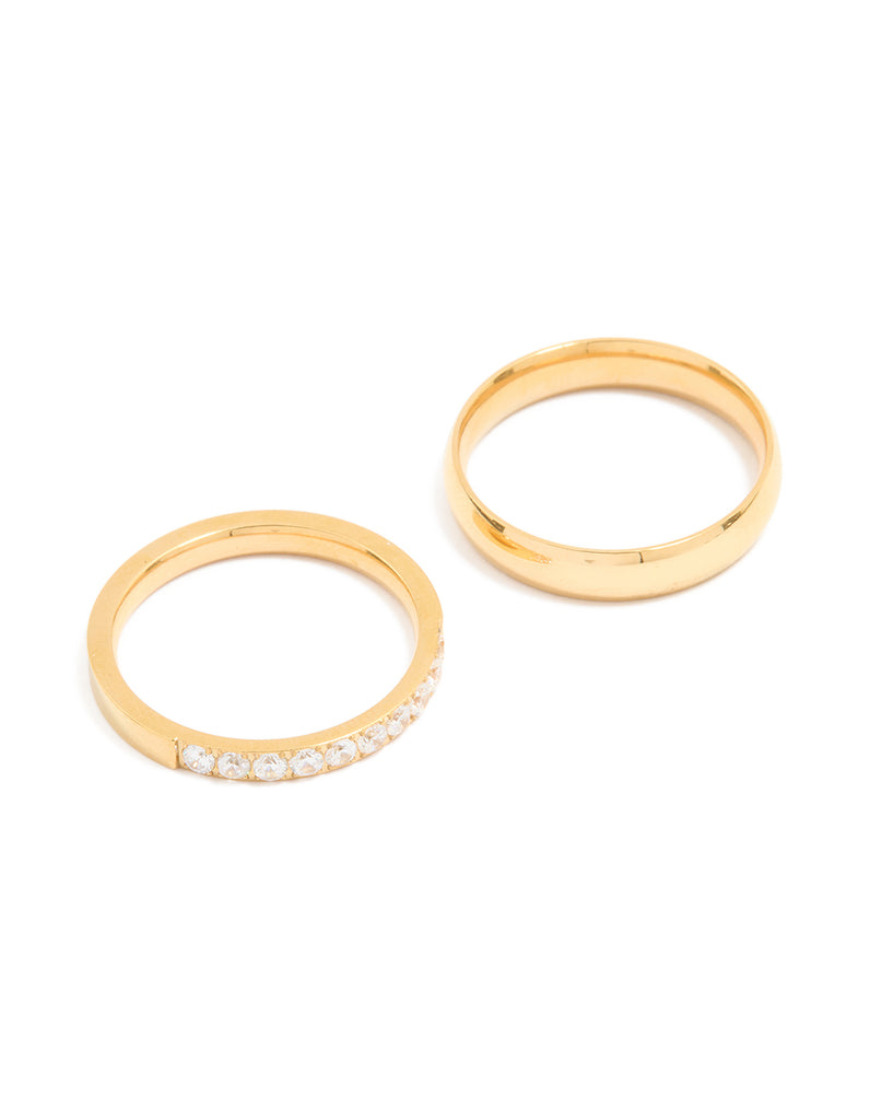 Waterproof Gold Plated Stainless Steel Diamante & Smooth Rings 2- Pack ...