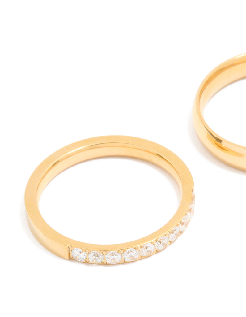 Waterproof Gold Plated Stainless Steel Diamante & Smooth Rings 2- Pack ...