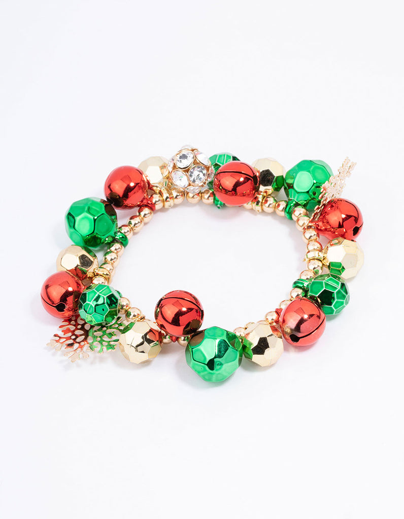 Gold Green & Red Jingle Bells Chunky Charm Stretch Bracelet - Lovisa