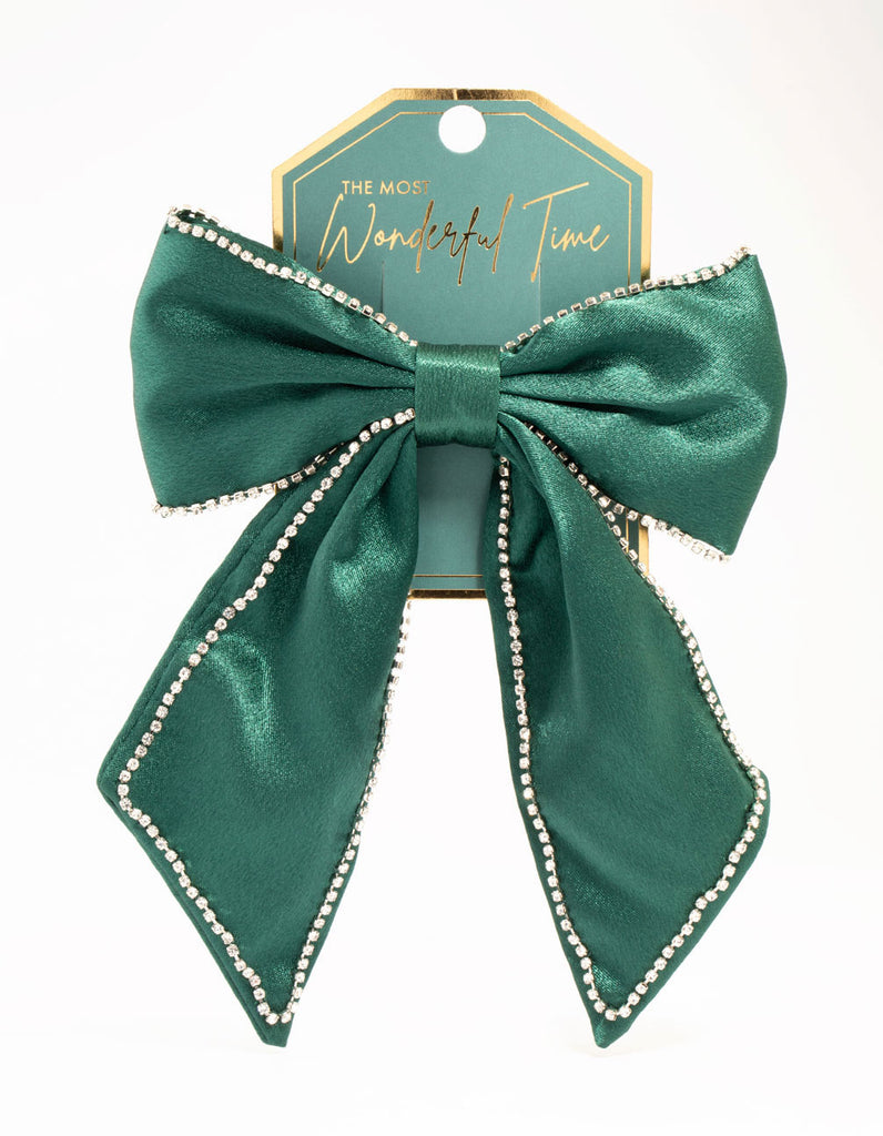 Green Fabric Diamante Cupchain Bow Hair Clip - Lovisa