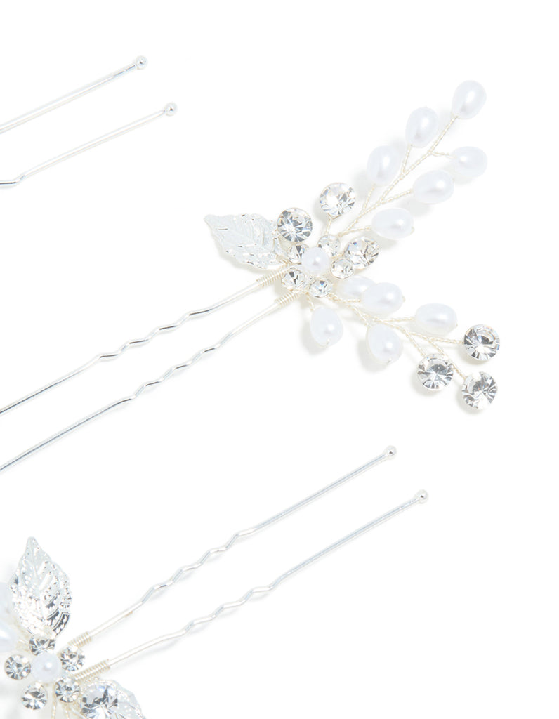 Silver Plated Cubic Zirconia Pearl Laurel Spray Flower Hair Clips 3-Pa ...