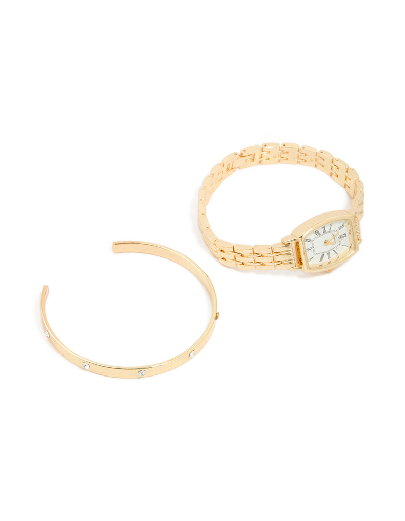 Gold Diamante Roman Numeral Watch & Wrist Cuff Set - Lovisa