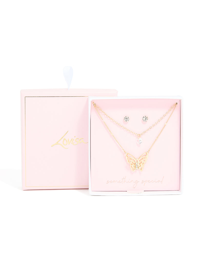 Gold Butterfly Layered Necklace & Stud Earrings Set - Lovisa