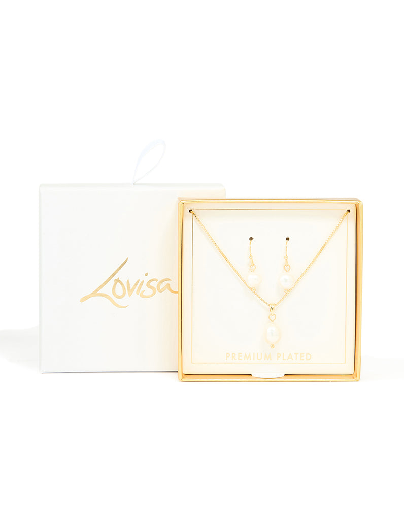 Gold Plated Freshwater Pearl Necklace & Drop Earrings Set - Lovisa